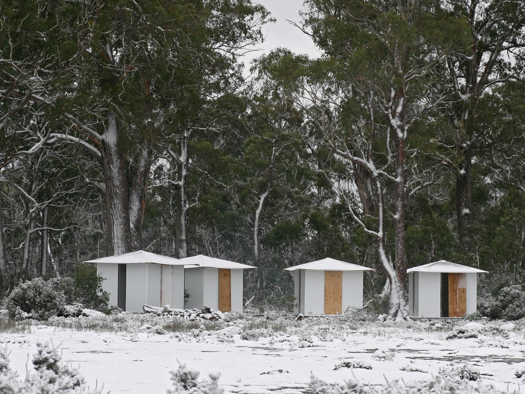 Demountable fishing cabins, Lake Ina, Tasmania | Red Arrow, Hobart Tasmania